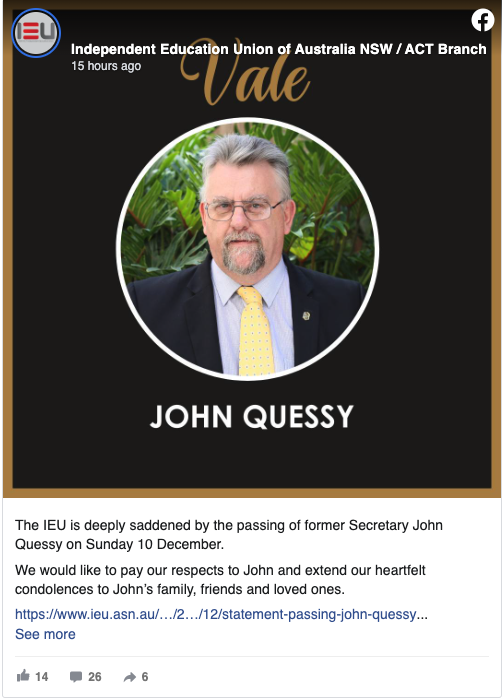 Statement on the passing of John Quessy - IEU NSW/ACT